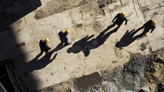 Four Construction Workers Walk in Single File Across Stock Illustration ...