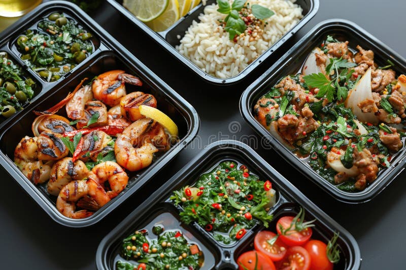 Four Containers with Different Foods on a Table Top Stock Photo - Image ...