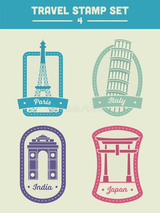 Four Country Travel Stamps with Monuments in Frame Stock Illustration ...
