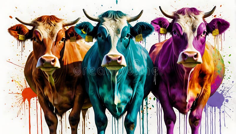 Four Cow Each Painted in a Different Array of Bright, Rainbow Colors ...