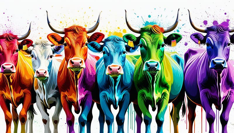 Four Cow Each Painted in a Different Array of Bright, Rainbow Colors ...