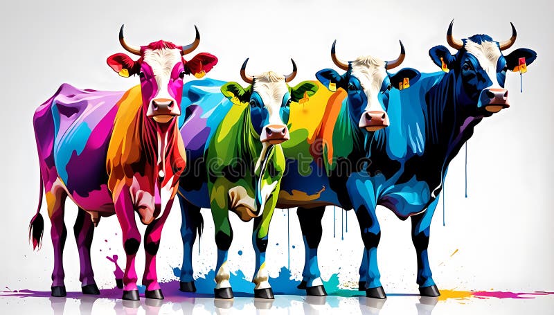 Four Cow Each Painted in a Different Array of Bright, Rainbow Colors ...