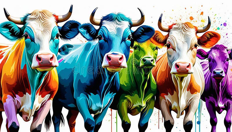 Four Cow Each Painted in a Different Array of Bright, Rainbow Colors ...