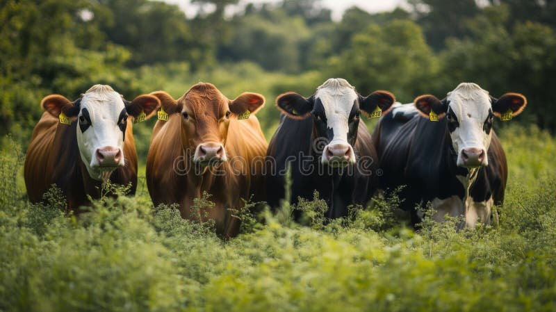 Four Cows in a Green Pasture Stock Illustration - Illustration of ...