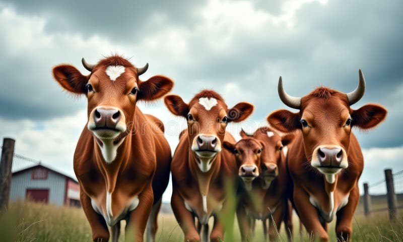 Four Cows Standing in a Field with a Red Barn in the Background Stock ...