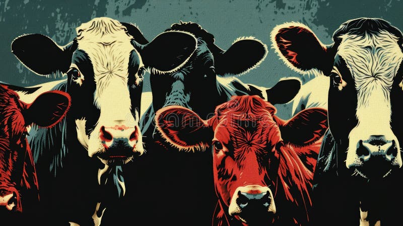 Four Cows are Standing in a Row, with One Cow Being Red Stock Photo ...