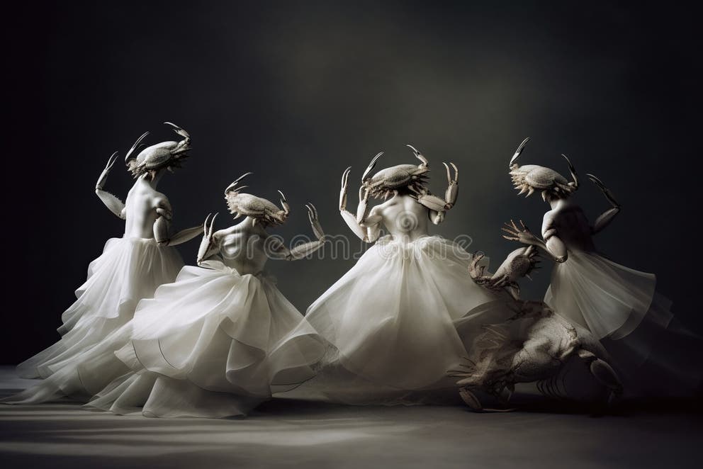 Four Crabs in Long White Dresses Stand , Concept of Crustacean ...