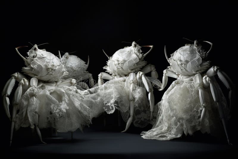 Four Crabs in Long White Dresses Stand , Concept of Crustacean ...