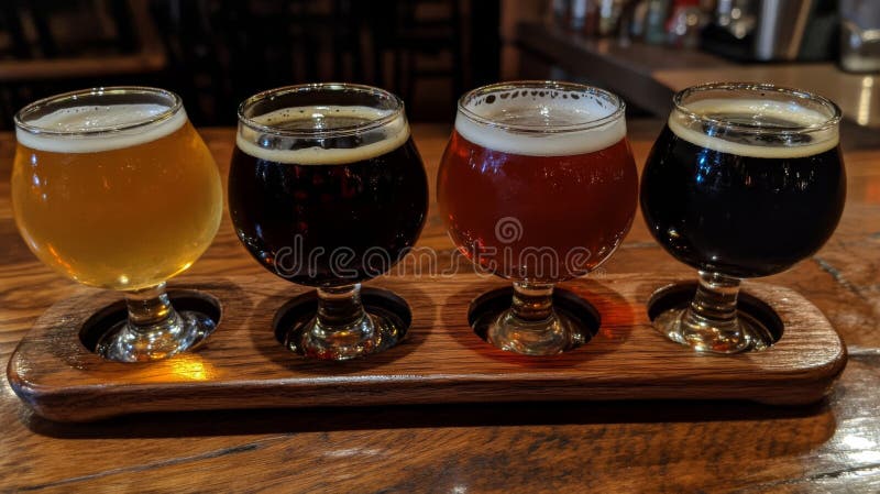 Four Craft Beer Samples on Wooden Tasting Tray Stock Illustration ...