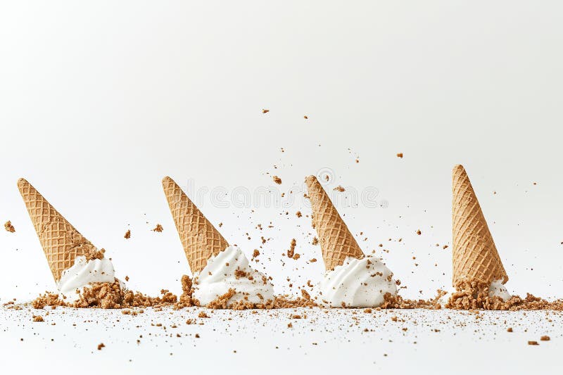 Four Cream Ice Cream Cones Burst on a White Surface, Ice Cream Month ...