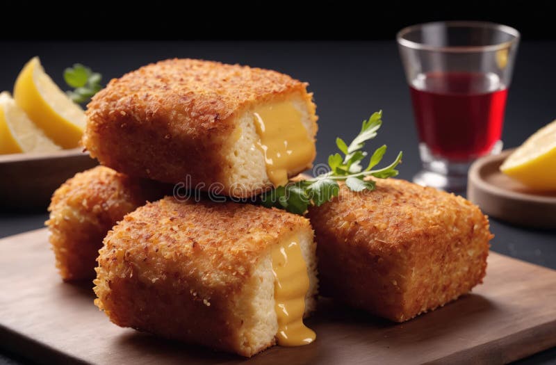 Four Crispy Cheese Squares are Stacked on a Wooden Cutting Board Stock ...