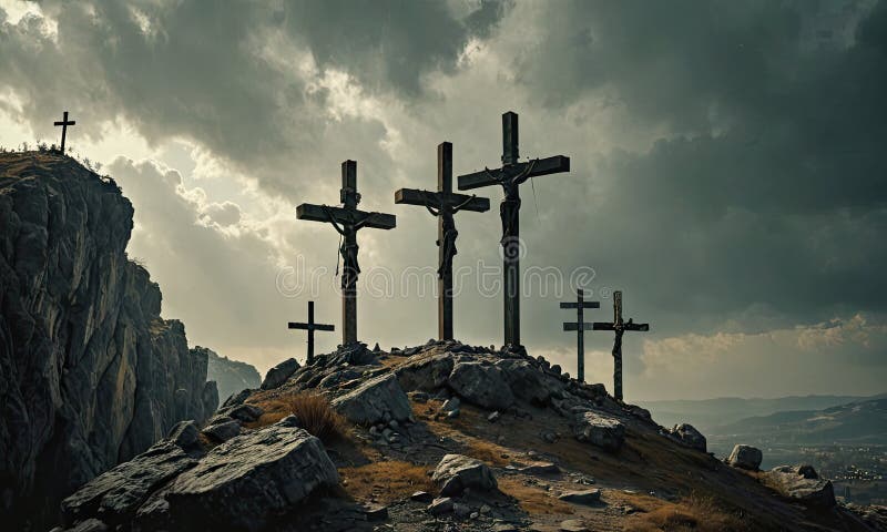 Four Crosses are on a Hill, One in the Middle and Three on the Left and ...
