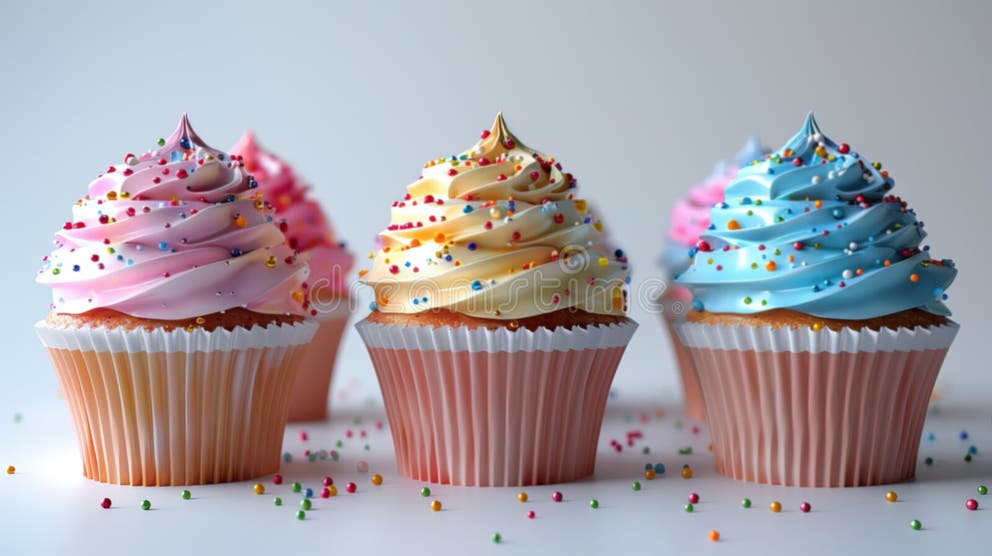 Four Cupcakes in Line with Each Different Colour, Standing on White ...