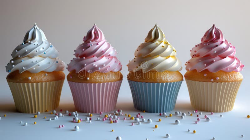 Four Cupcakes in Line with Each Different Colour, Standing on White ...