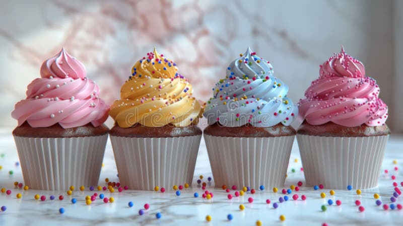 Four Cupcakes in Line with Each Different Colour, Standing on White ...