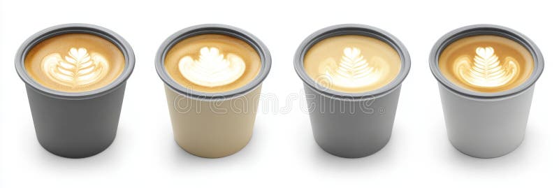 Four Cups of Cappuccino with Latte Art in Various Colored Paper Cups ...