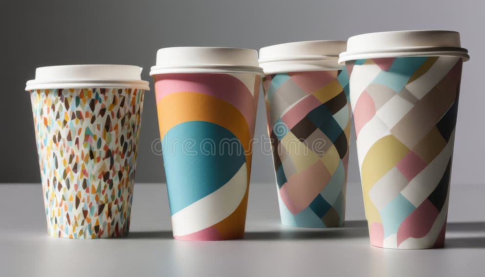 Four Cups of Coffee with Different Designs Stock Illustration ...