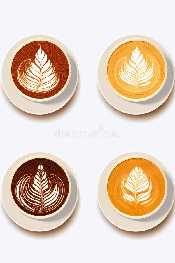 Four Cups of Coffee with Different Designs on Them, One of Which is ...