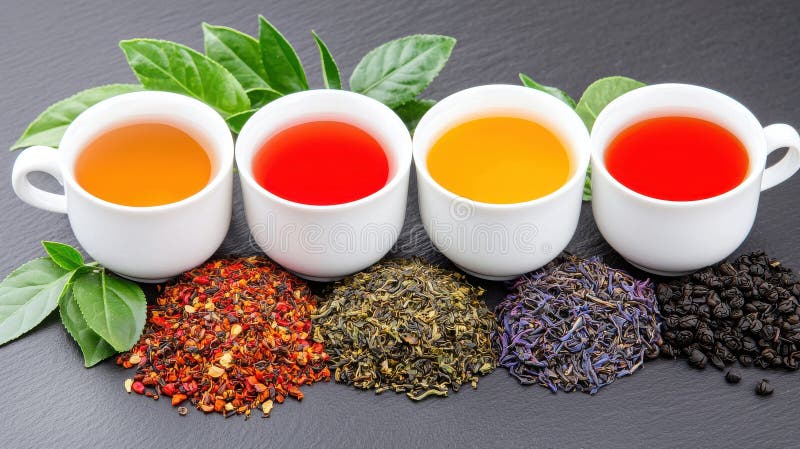 Four Cups of Different Types of Tea with Loose Leaf Tea Displayed Next ...