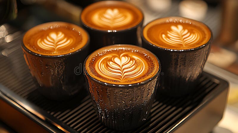 Four Cups of Freshly Made Latte Art Coffee with a Leaf Design on a ...