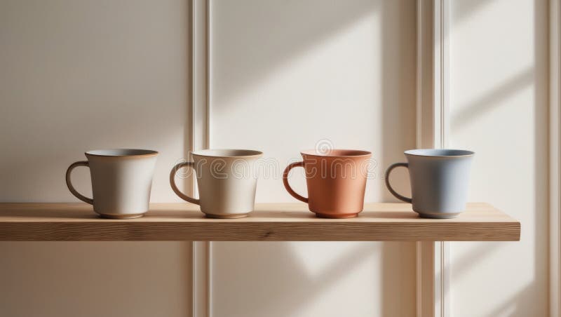 Four Cups are Neatly Arranged and Displayed on a Shelf in a Room. Stock ...
