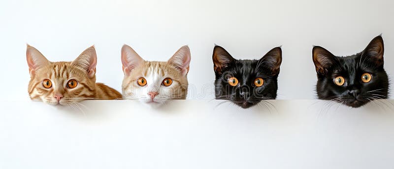 Four Curious Cats Peeking Over Edge with Bright Eyes Stock Illustration ...