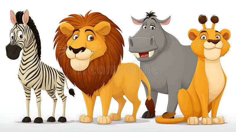 Four Cute Cartoon African Animals on White Background Stock ...