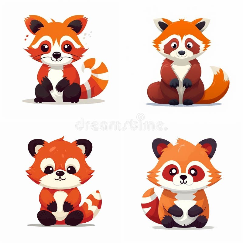 Four Cute Cartoon Animals, All of Which are Red and White Stock Vector ...