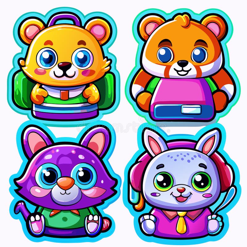 Four Cute Cartoon Animals with Backpacks and Accessories Stock Vector ...