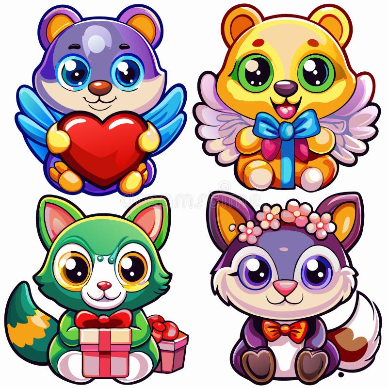 Four Cute Cartoon Animals with Gifts Stock Vector - Illustration of ...