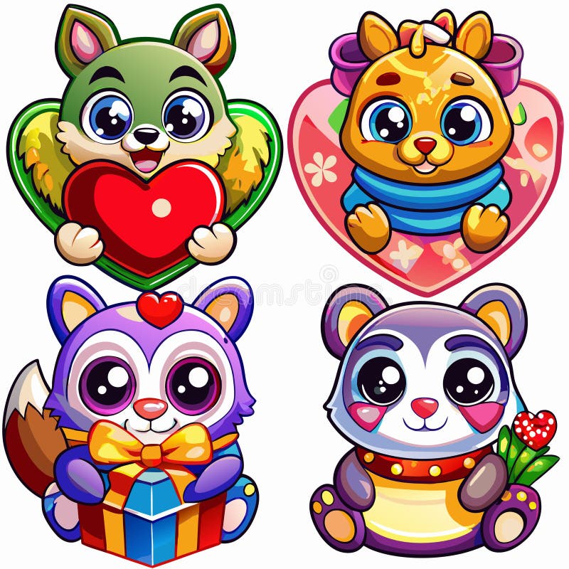 Four Cute Cartoon Animals with Gifts. (3 Stock Vector - Illustration of ...