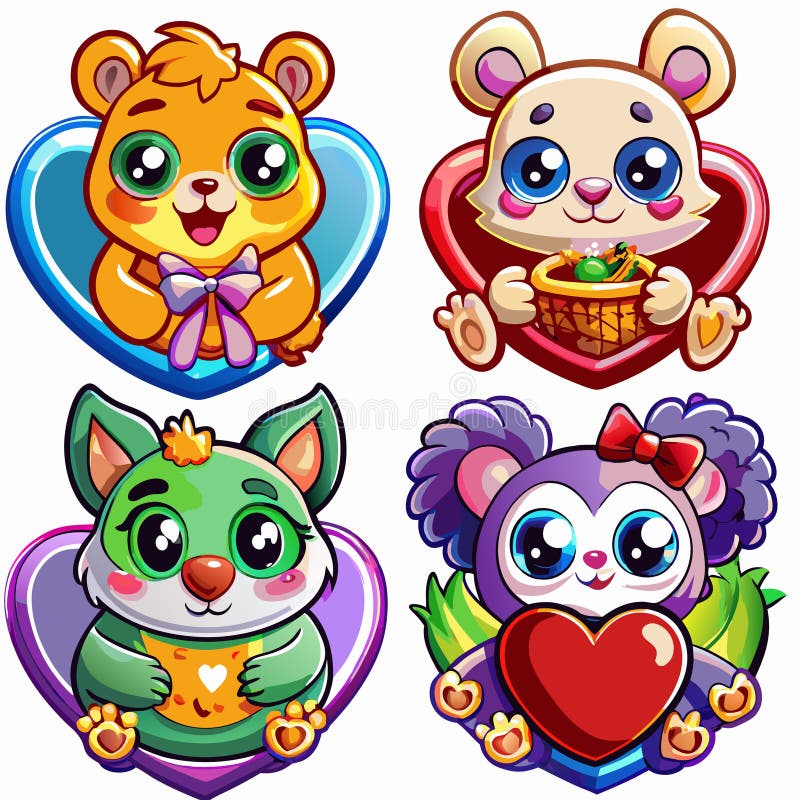 Four Cute Cartoon Animals in Heart Shapes Stock Vector - Illustration ...