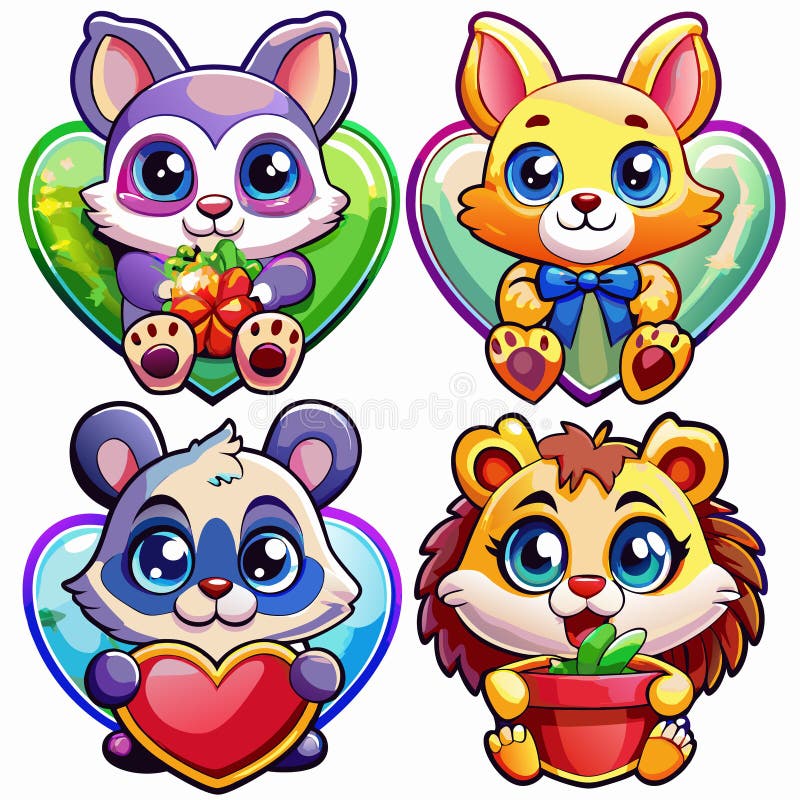 Four Cute Cartoon Animals in Hearts. (1 Stock Vector - Illustration of ...