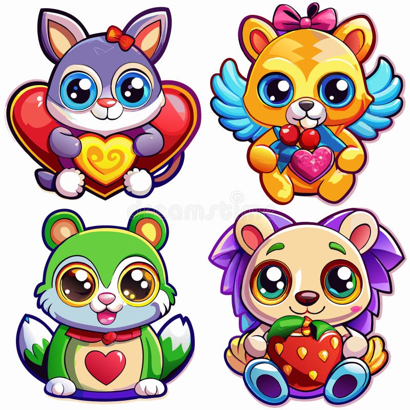 Four Cute Cartoon Animals with Hearts Stock Vector - Illustration of ...