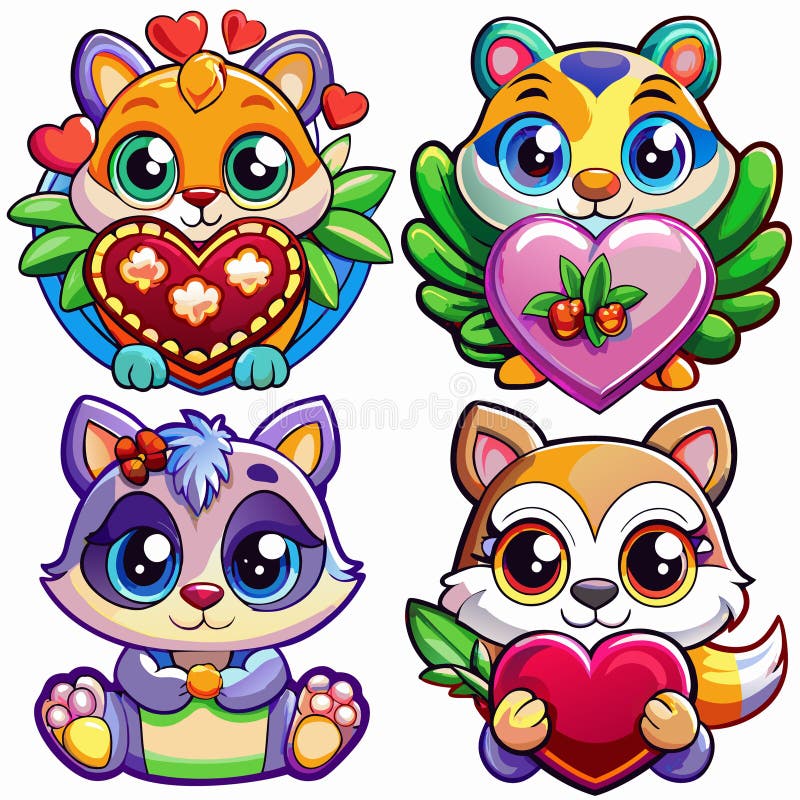 Four Cute Cartoon Animals Holding Hearts. (1 Stock Vector ...