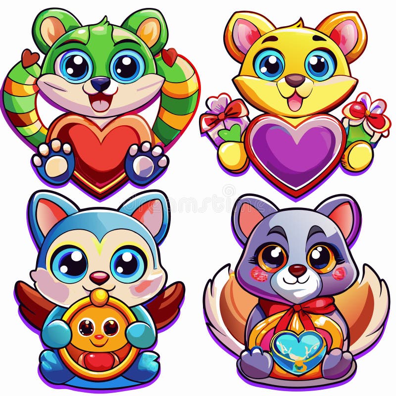 Four Cute Cartoon Animals Holding Hearts. (2 Stock Vector ...