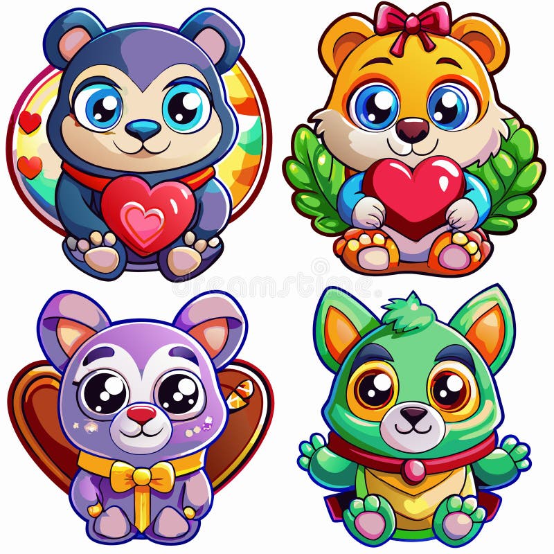 Four Cute Cartoon Animals Holding Hearts. (5 Stock Vector ...
