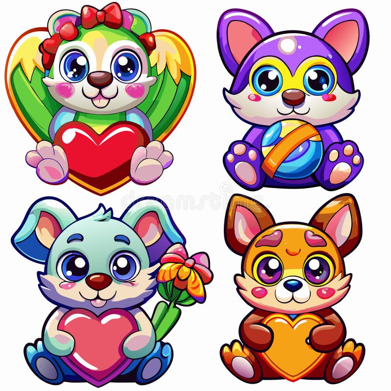 Four Cute Cartoon Animals Holding Hearts. (9 Stock Vector ...