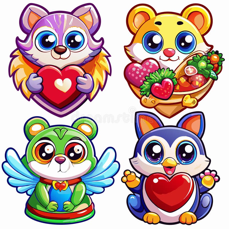 Four Cute Cartoon Animals Holding Hearts. (10 Stock Vector ...