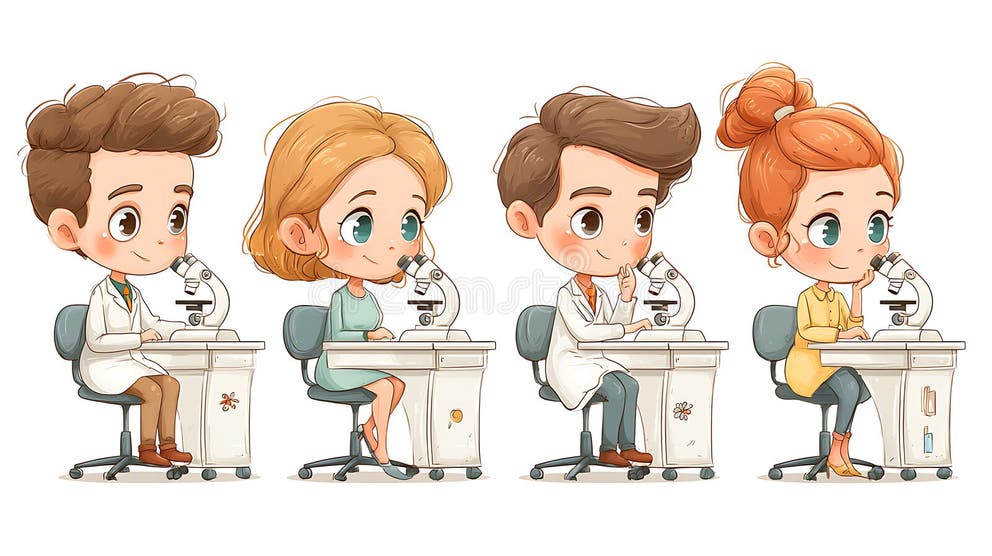Four Cute Cartoon Children Scientists Using Microscopes in a Laboratory ...