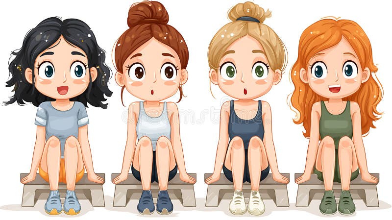 Four Cute Cartoon Girls Sitting on a Bench Stock Illustration ...