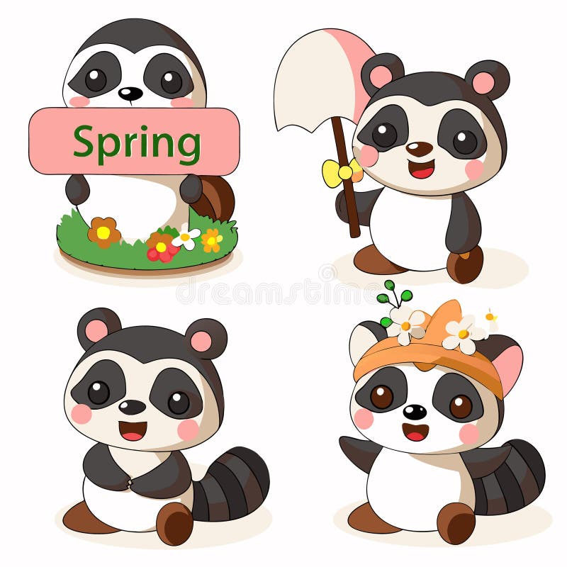 Four Cute Cartoon Raccoons Enjoying Spring Stock Vector - Illustration ...
