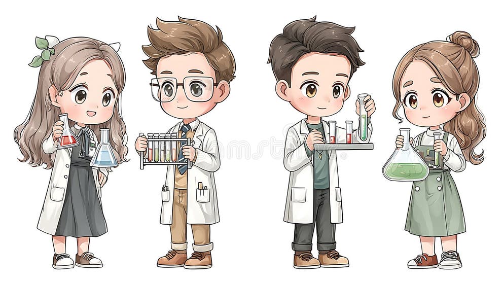 Four Cute Cartoon Scientists in Lab Coats Performing Experiments Stock ...