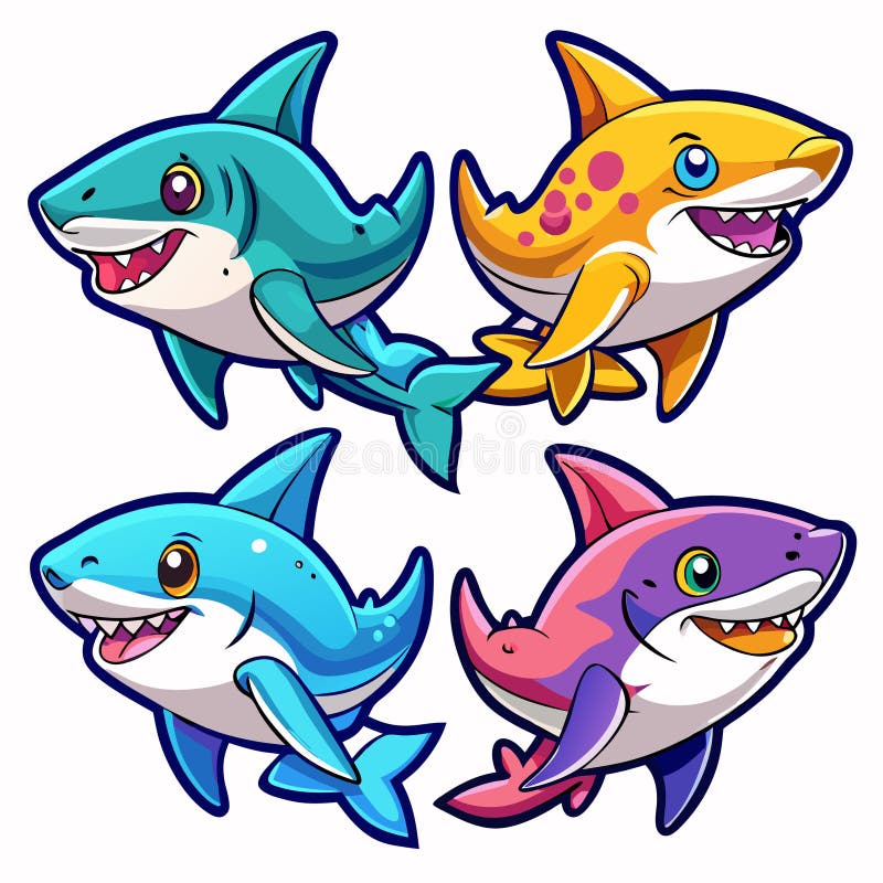 Four Cute Cartoon Sharks in Various Colors Stock Vector - Illustration ...