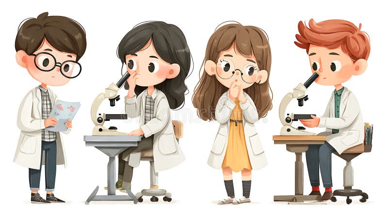 Four Cute Children Scientists Using Microscopes in a Playful ...