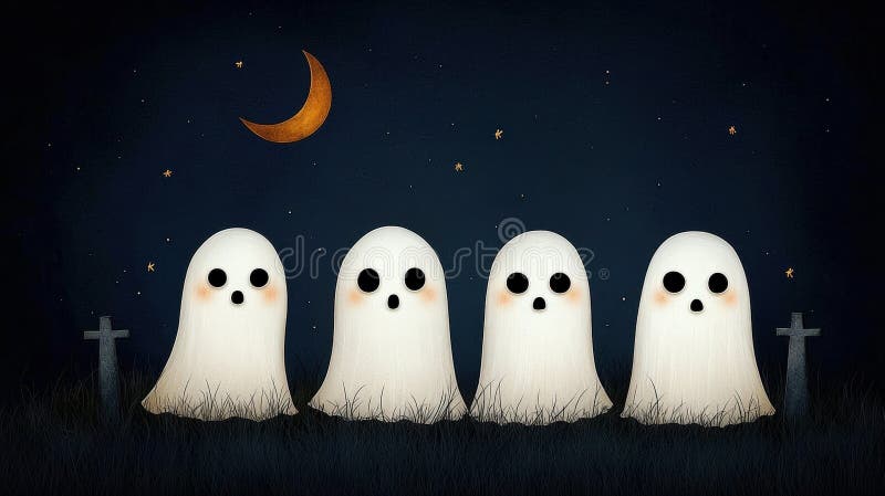 Four Cute Ghosts in a Nighttime Scene with a Crescent Moon and Gravestones Stock Illustration ...