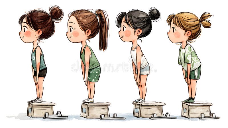 Four Cute Girls Standing in a Line on Boxes Digital Illustration Stock ...