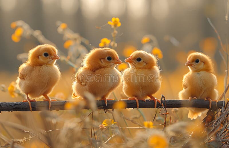Four Cute Little Chicks Sit on Branch in the Morning Sun Stock Photo ...