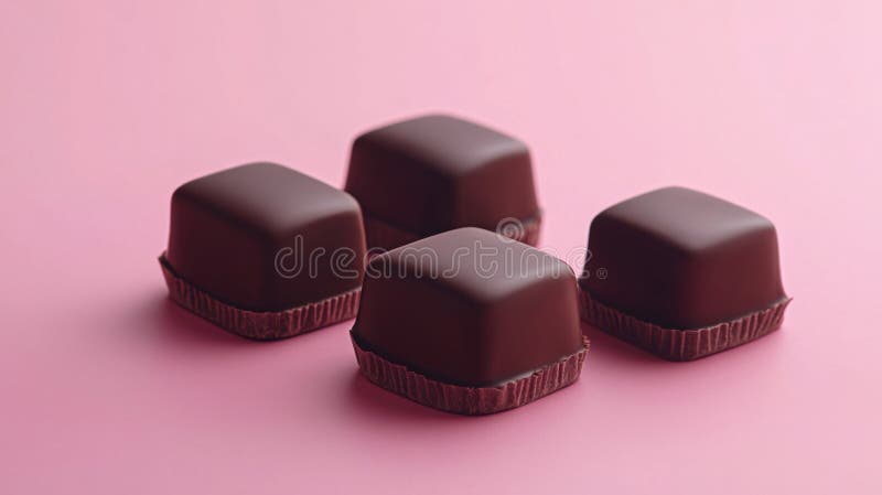 Four Dark Chocolate Candies in Square Shape on Pink Background for ...