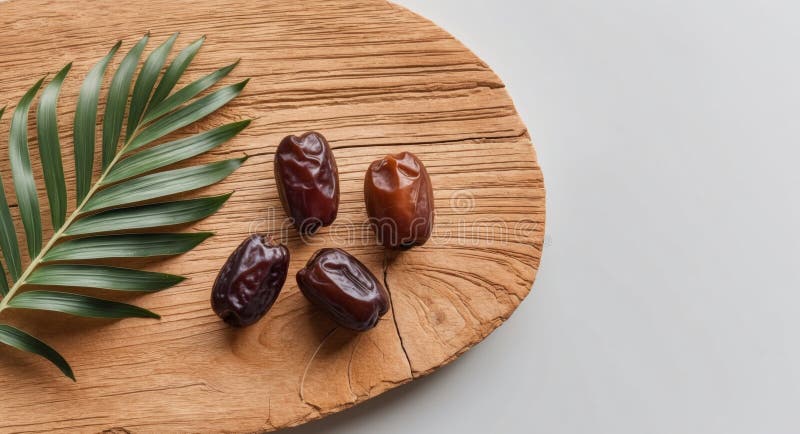Four Dates on Wooden Surface with Palm Leaf. Stock Photo - Image of ...